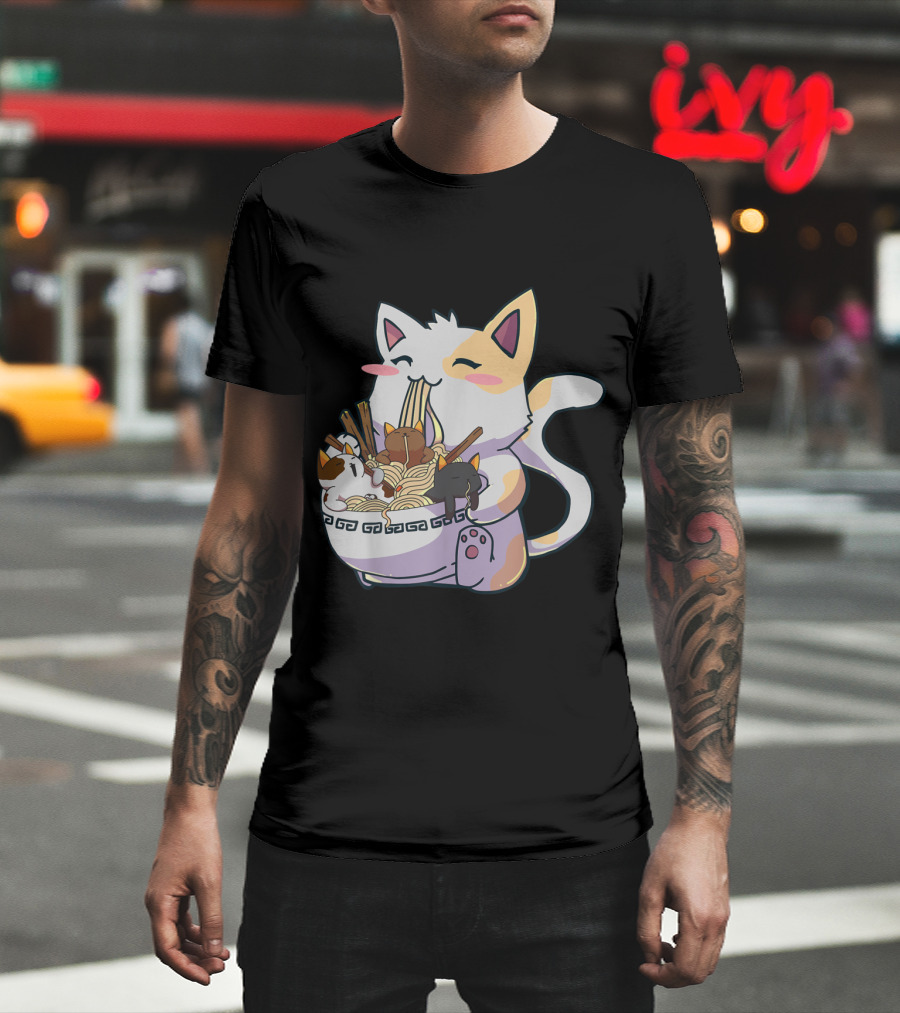 Kawaii Neko Cat With Ramen Bowl Anime Japanese Noodles And Chopsticks T-Shirt