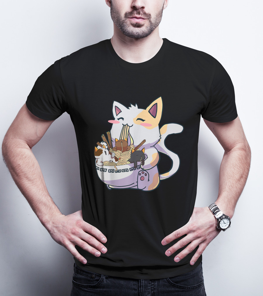Kawaii Neko Cat With Ramen Bowl Anime Japanese Noodles And Chopsticks T-Shirt