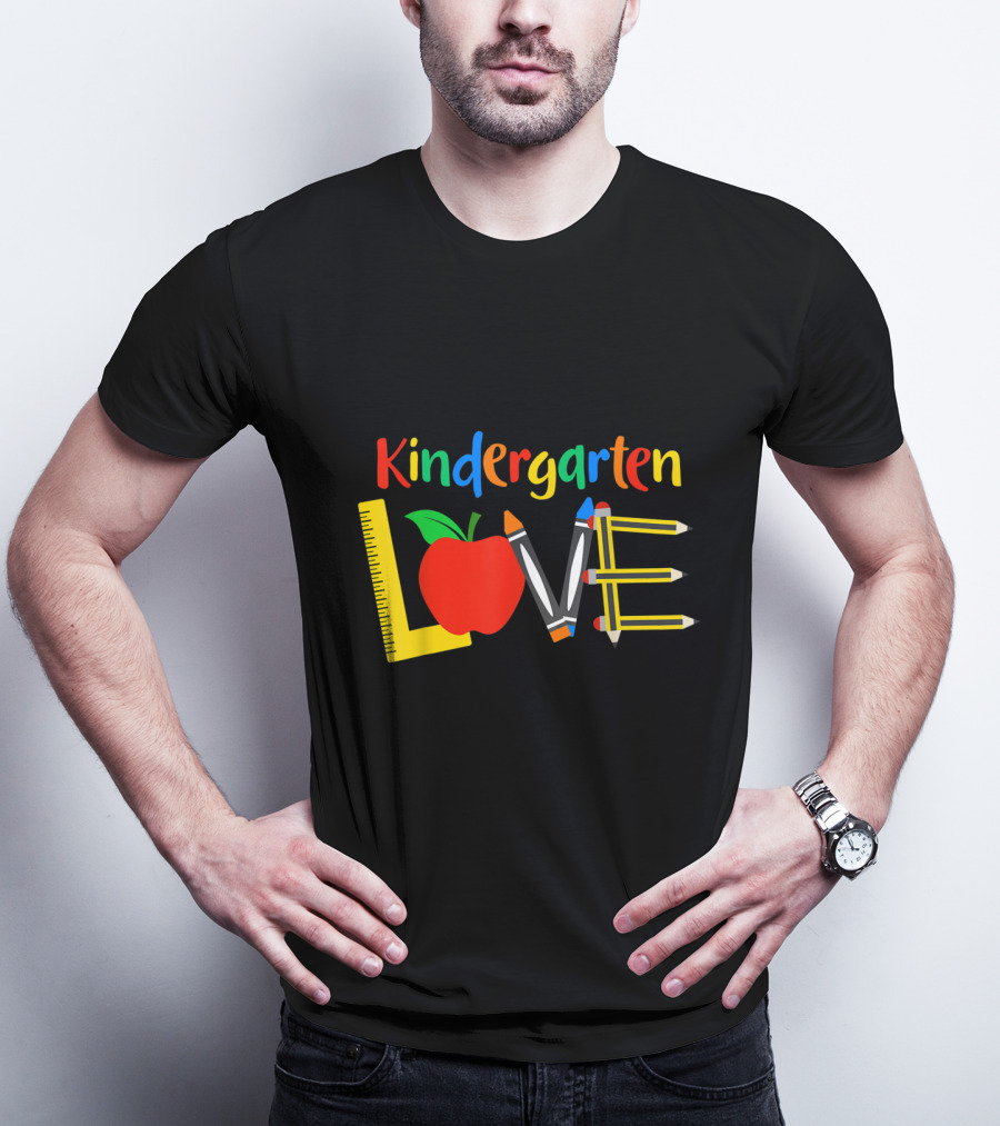Kindergarten Love Apple Ruler Crayons Pencils T-Shirt