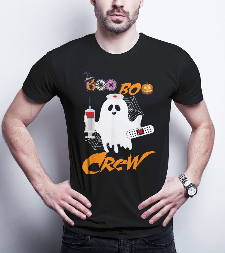 Boo Boo Crew Nurse Ghost Funny Halloween Costume With Syringe And Spider Webs T-Shirt