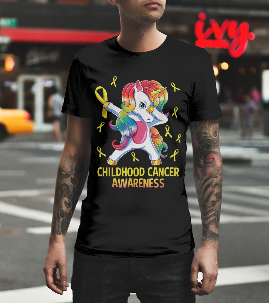 Dabbing Unicorn Childhood Cancer Awareness Ribbons T-Shirt