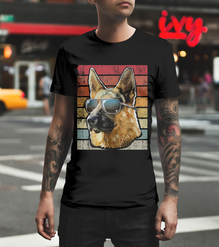 Retro Vintage German Shepherd Dog Sunglasses Stripes T-Shirt