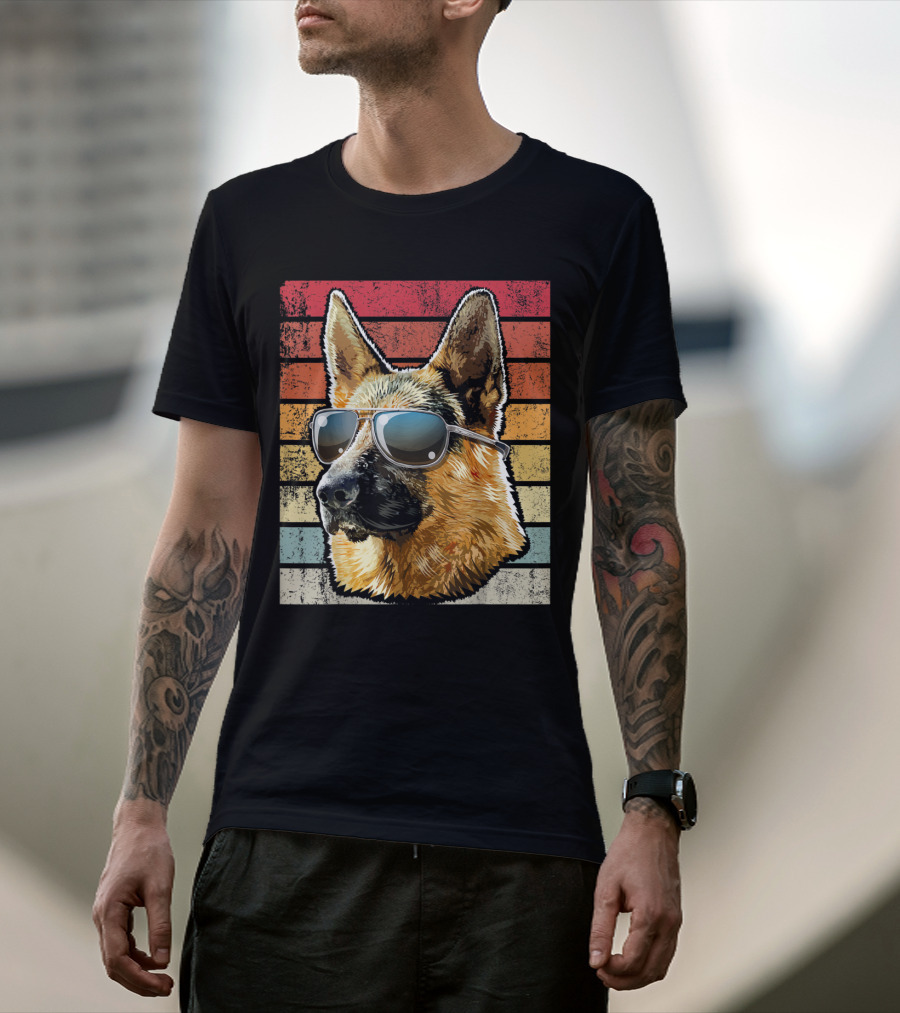 Retro Vintage German Shepherd Dog Sunglasses Stripes T-Shirt