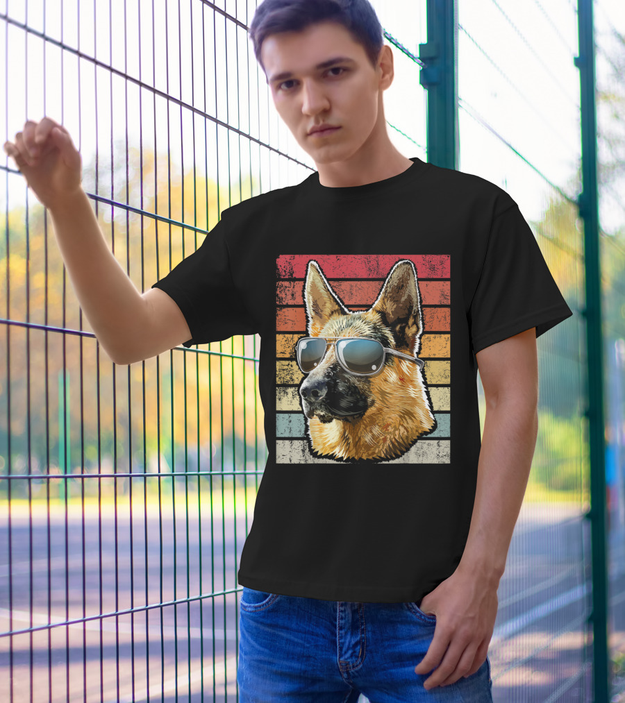 Retro Vintage German Shepherd Dog Sunglasses Stripes T-Shirt
