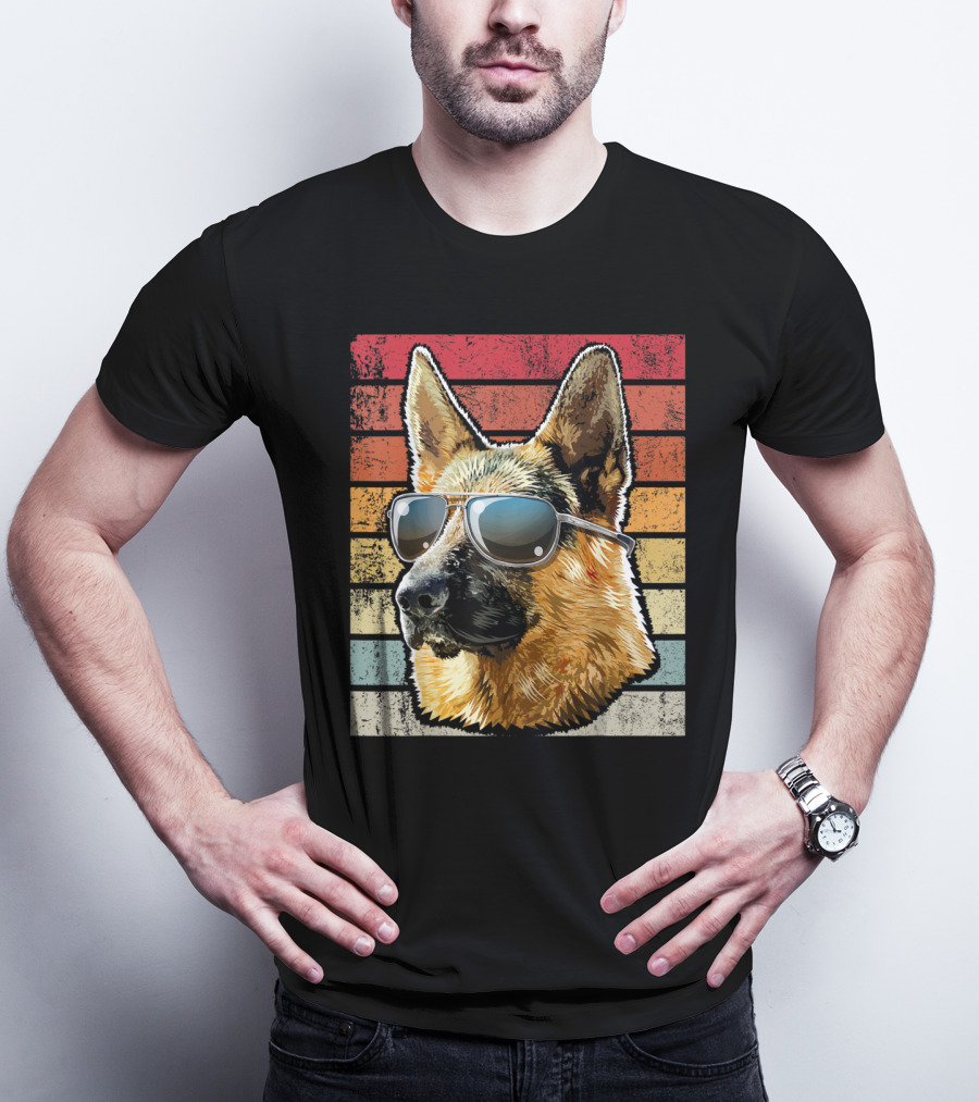 Retro Vintage German Shepherd Dog Sunglasses Stripes T-Shirt