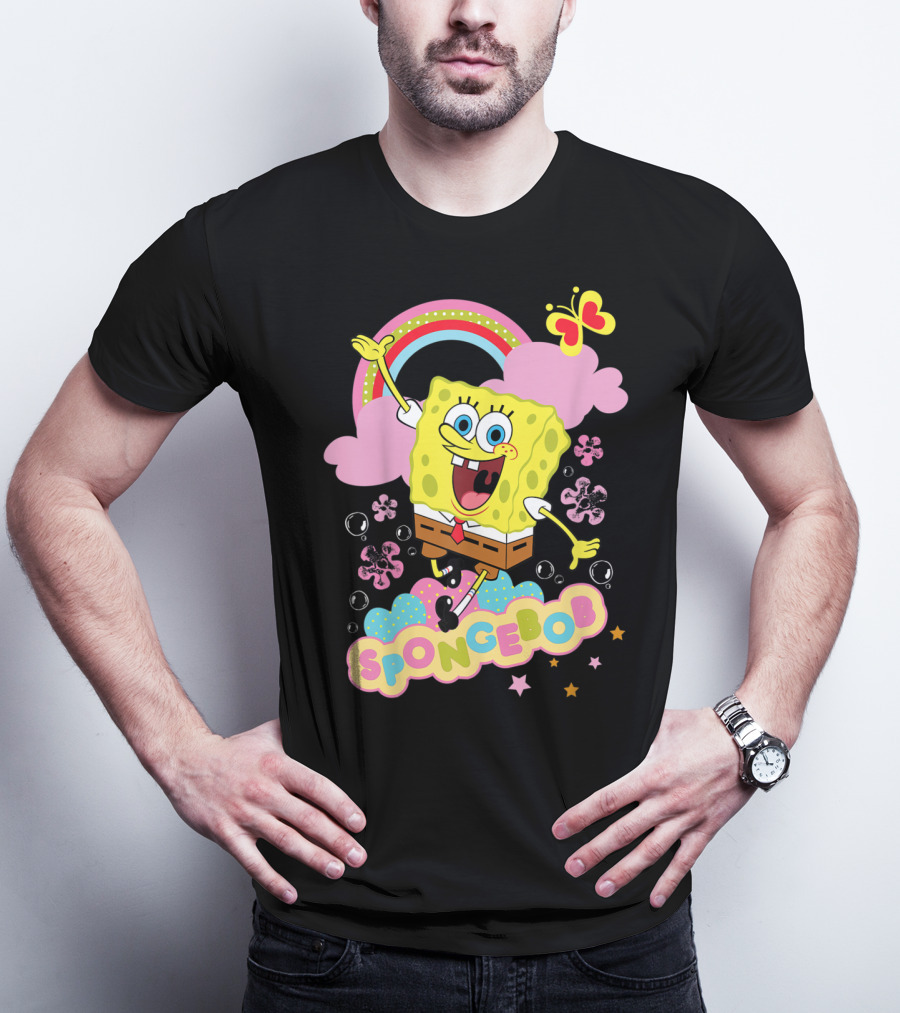 SpongeBob SquarePants Rainbow Clouds Bubbles Butterfly Flowers Stars T-Shirt