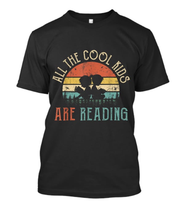 All The Cool Kids Are Reading Vintage Retro Sunset With Silhouette Forest And Children Holding Books T-Shirt