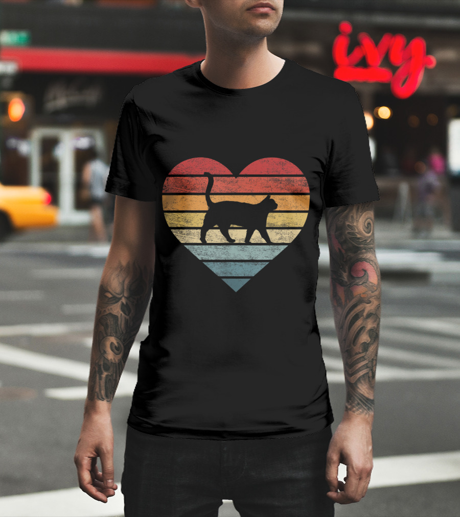 Vintage Striped Heart Cat Lover Pet Owner Kitty T-Shirt