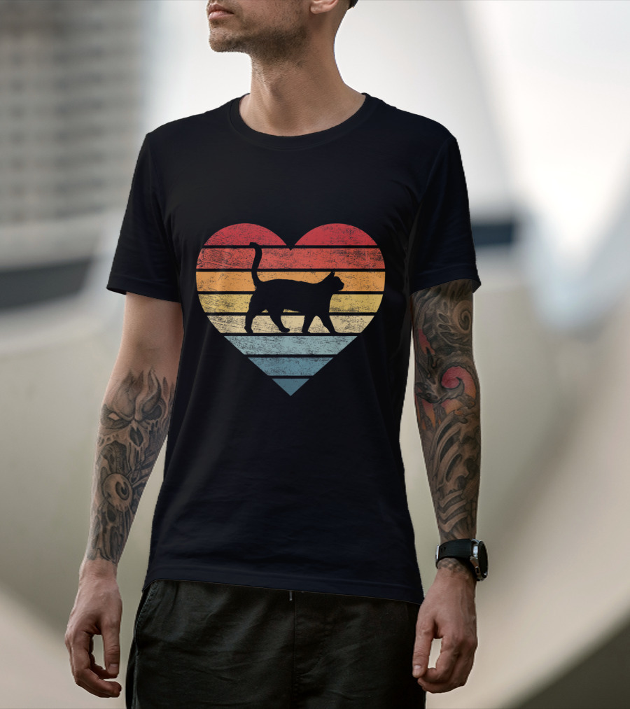 Vintage Striped Heart Cat Lover Pet Owner Kitty T-Shirt