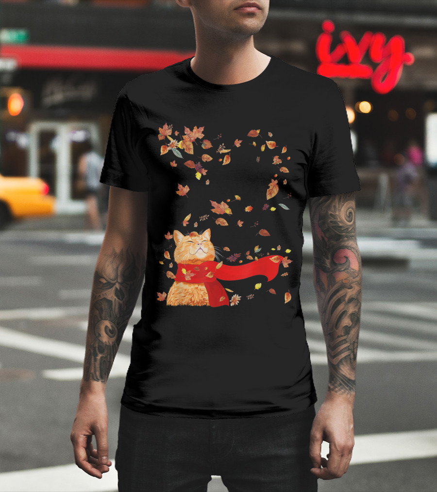 Hello Autumn Maple Leaf Fall Funny Cat Kitten Lover T-Shirt