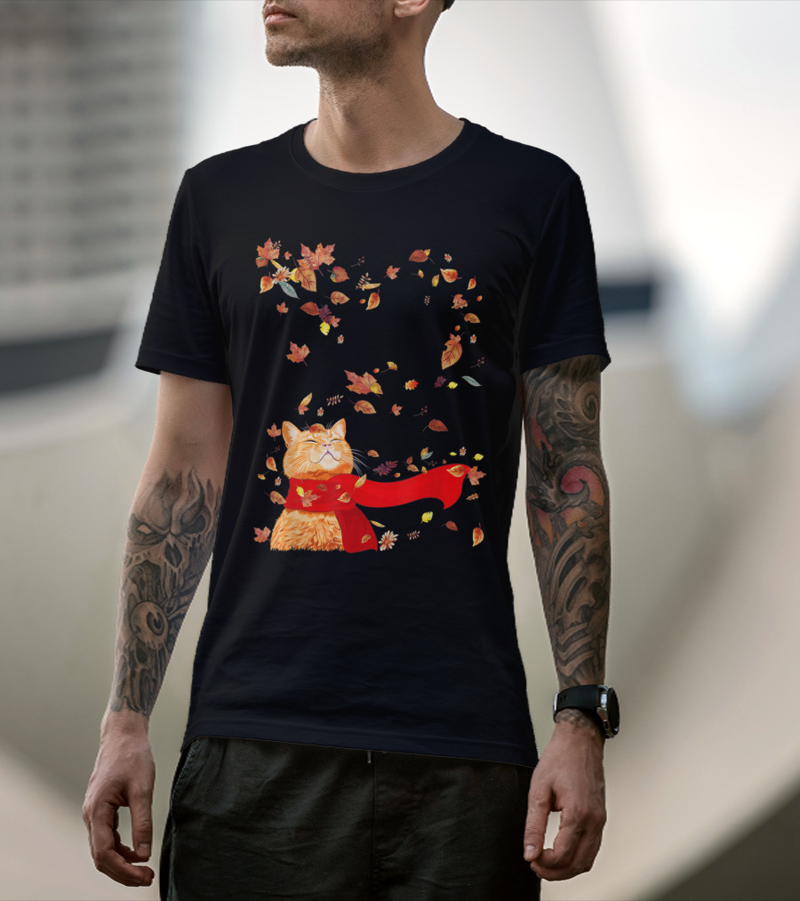 Hello Autumn Maple Leaf Fall Funny Cat Kitten Lover T-Shirt