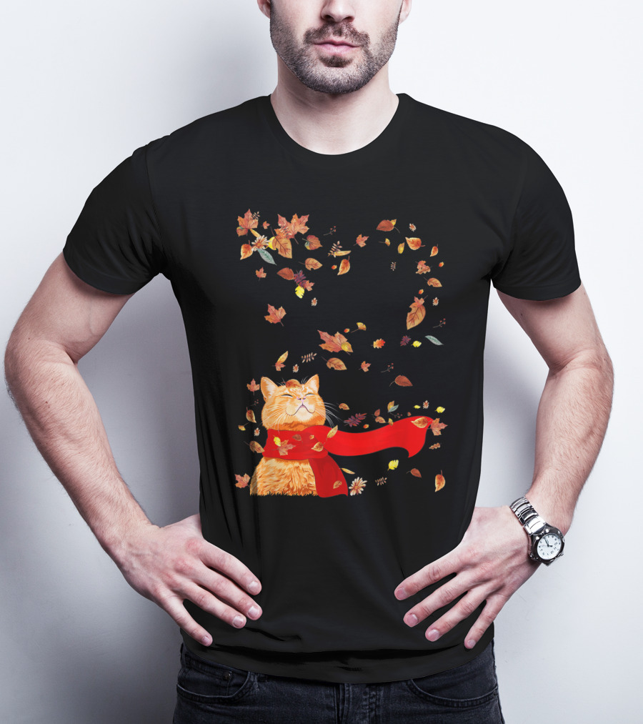 Hello Autumn Maple Leaf Fall Funny Cat Kitten Lover T-Shirt