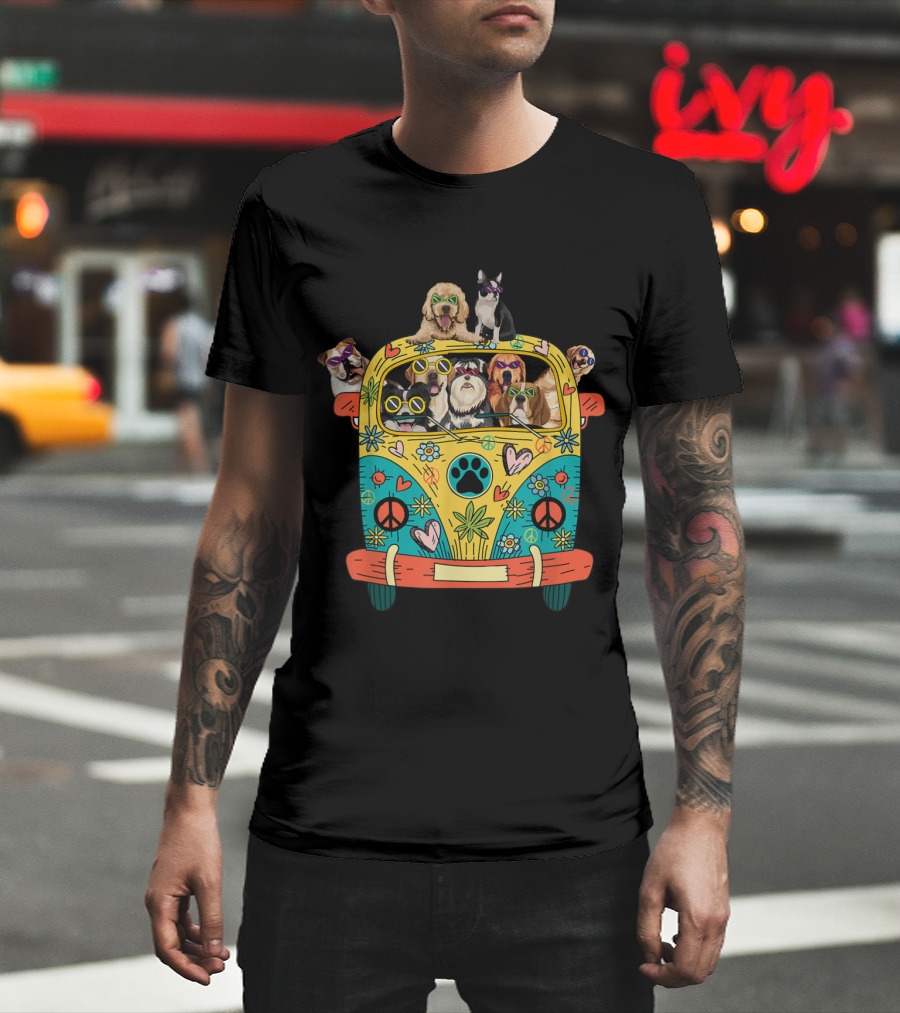 Peace Love Dogs Hippie Van With Sunglasses And Tropical Flowers T-Shirt