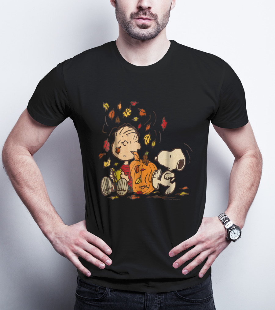 Peanuts Snoopy Linus With Pumpkin And Falling Leaves T-Shirt
