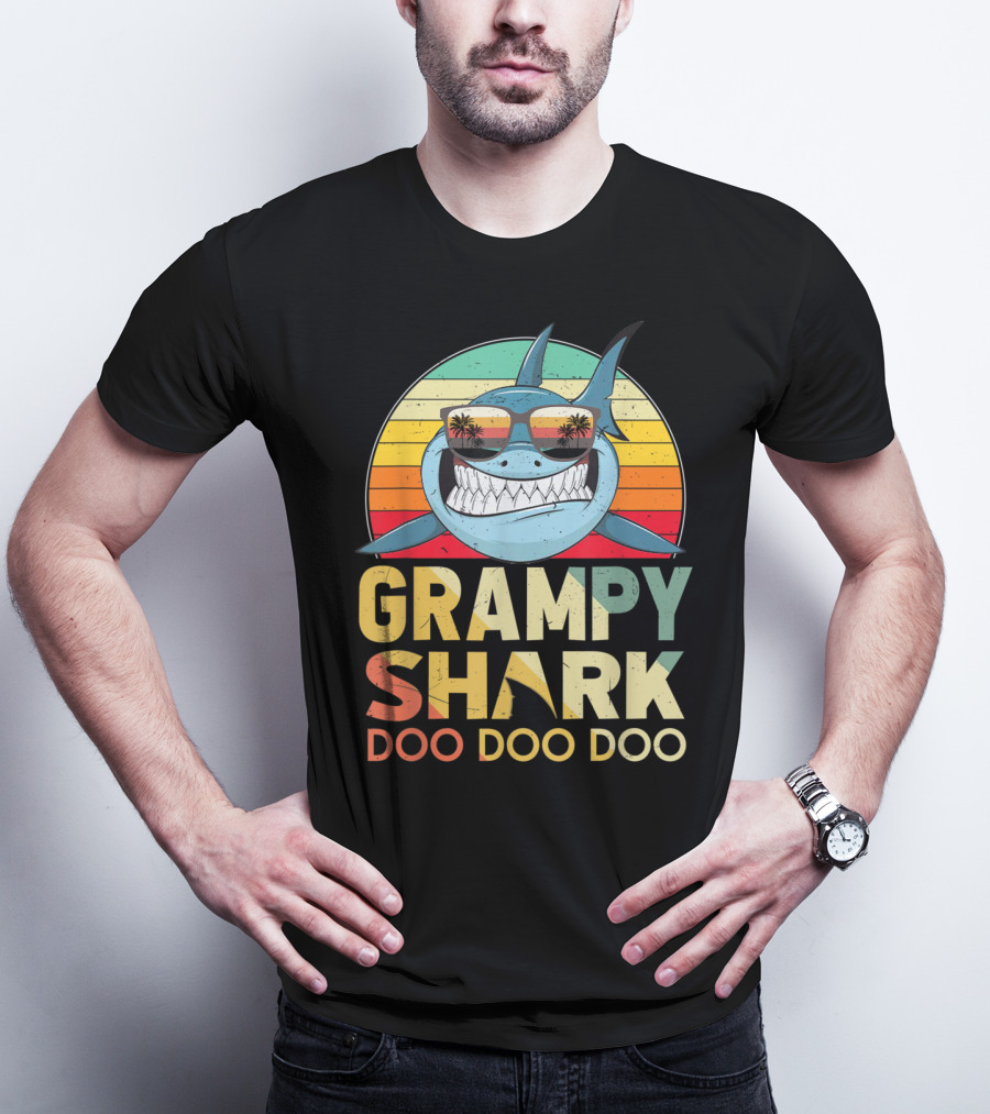 Grampy Shark Doo Doo Doo Retro Vintage Palm Trees Sunglasses T-Shirt