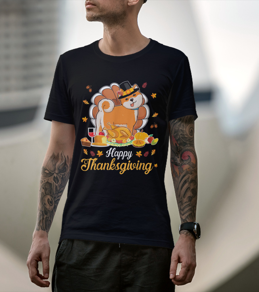 Happy Thanksgiving Shiba Inu Dog With Turkey Dish And Wine T-Shirt