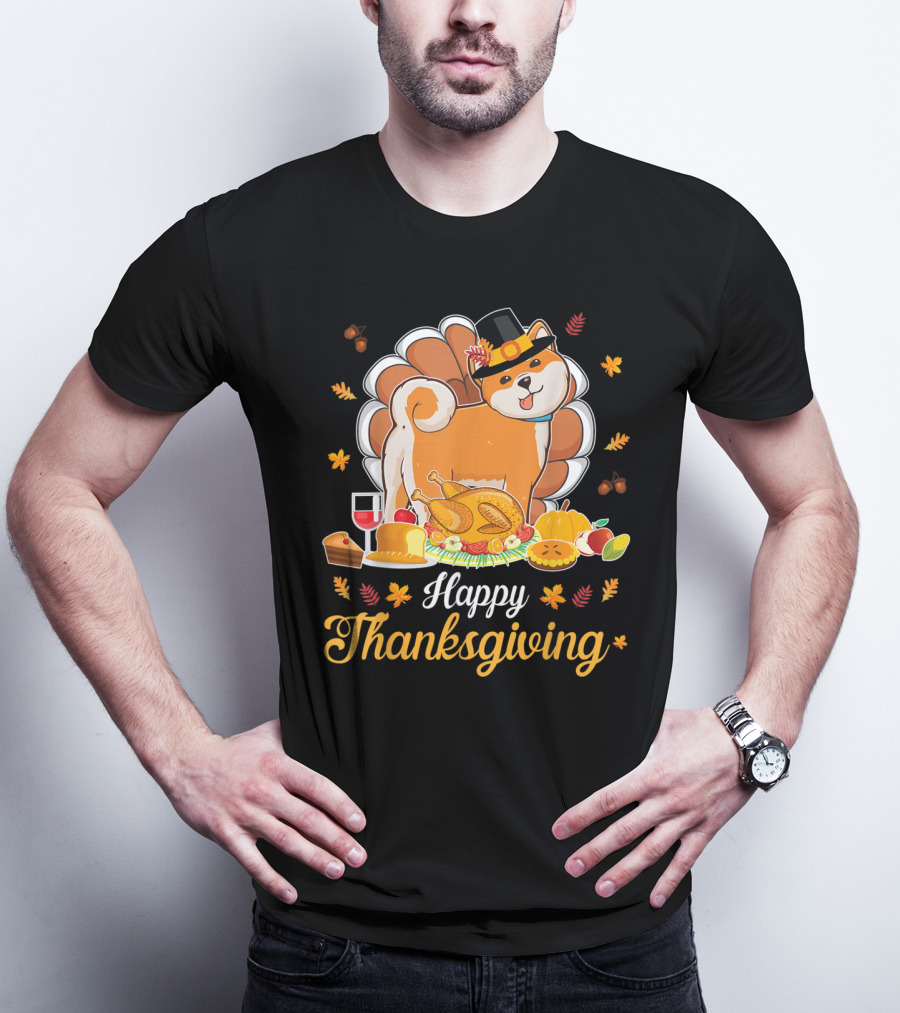 Happy Thanksgiving Shiba Inu Dog With Turkey Dish And Wine T-Shirt