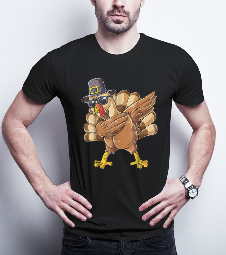 Thanksgiving Dabbing Turkey Pilgrim Hat Sunglasses Boys Day T-Shirt