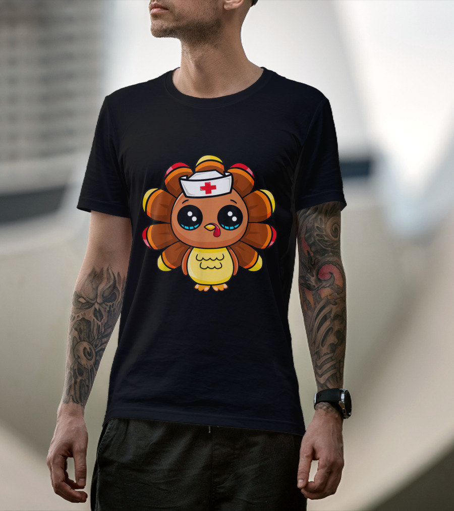 Thanksgiving Nurse Turkey Cute Family Cartoon Nurse Turkey T-Shirt