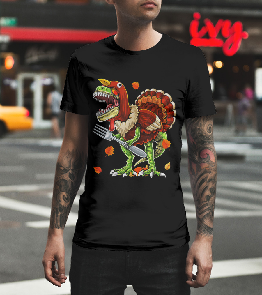 Thanksgiving Rex Dinosaur Turkey With Fork And Autumn Leaves T-Shirt