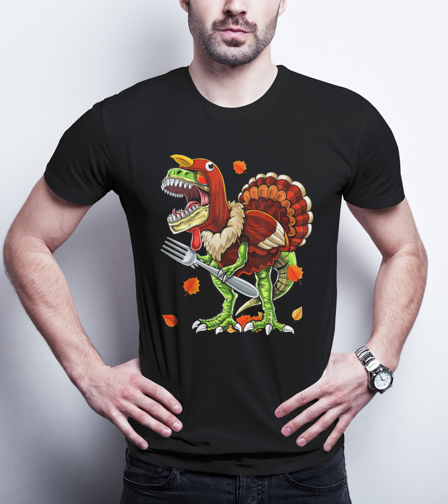 Thanksgiving Rex Dinosaur Turkey With Fork And Autumn Leaves T-Shirt