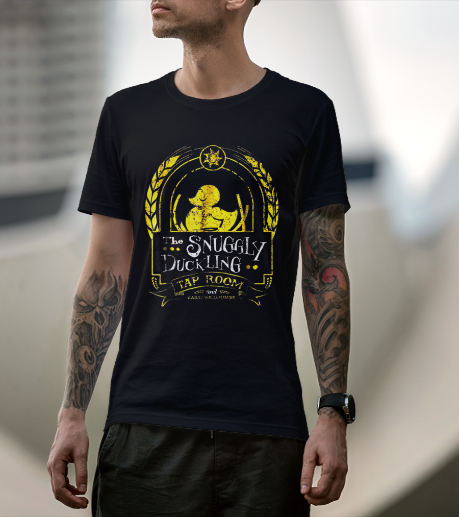 Snuggly Duckling Tap Room And Parlor Lounge With Yellow Duck And Sunburst Motif T-Shirt