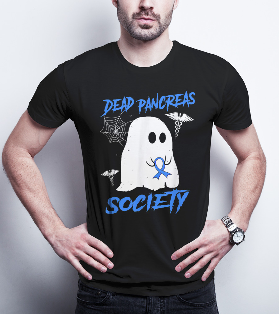 Dead Pancreas Society Diabetes Awareness Halloween Ghost With Blue Ribbon And Caduceus T-Shirt