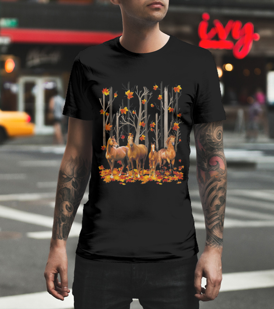Maple Leaf Fall Hello Autumn Funny Horse Lover T-Shirt