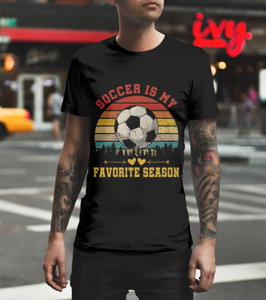 Soccer Is My Favorite Season Vintage Sunset Forest Soccer Ball T-Shirt
