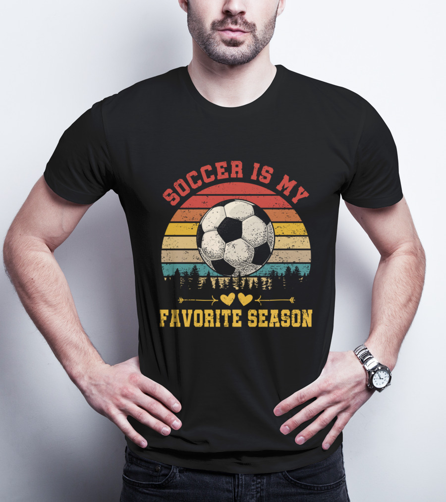 Soccer Is My Favorite Season Vintage Sunset Forest Soccer Ball T-Shirt