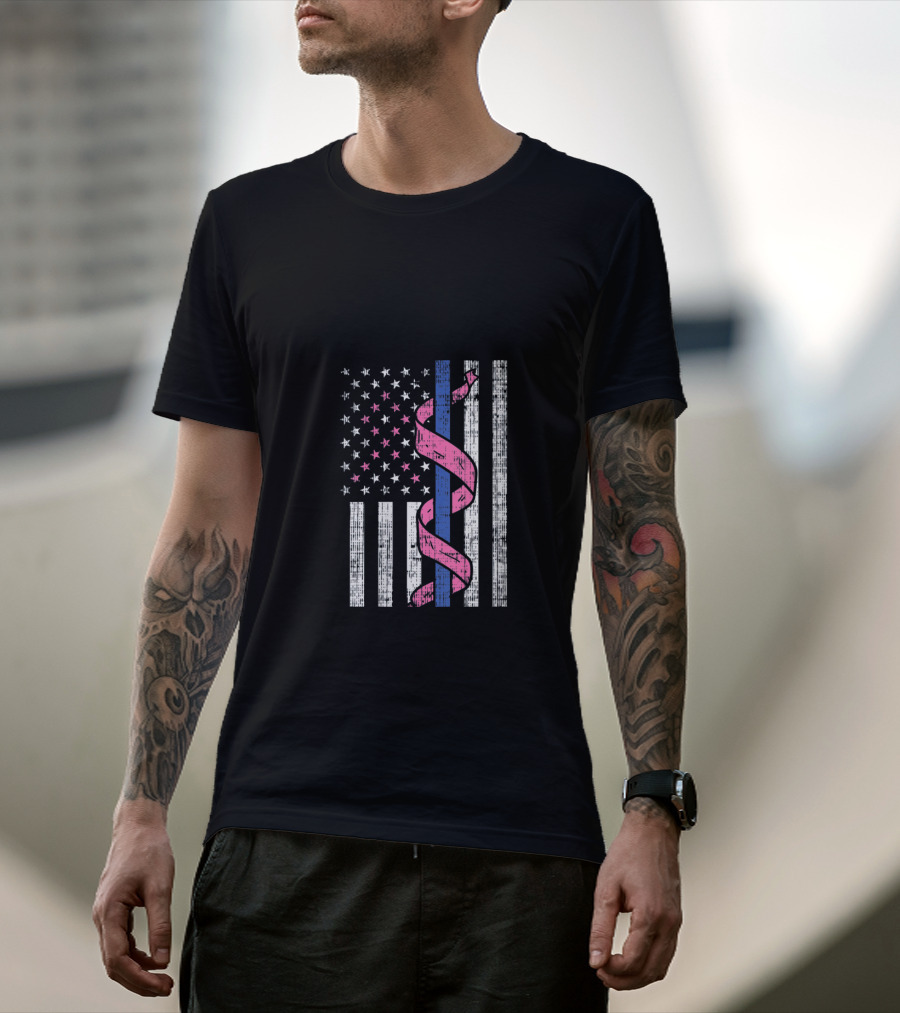 Blue Line American Flag Pink Ribbon Breast Cancer Awareness T-Shirt