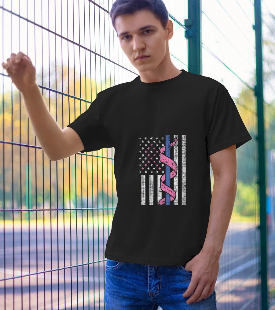 Blue Line American Flag Pink Ribbon Breast Cancer Awareness T-Shirt