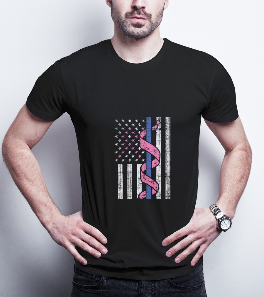 Blue Line American Flag Pink Ribbon Breast Cancer Awareness T-Shirt