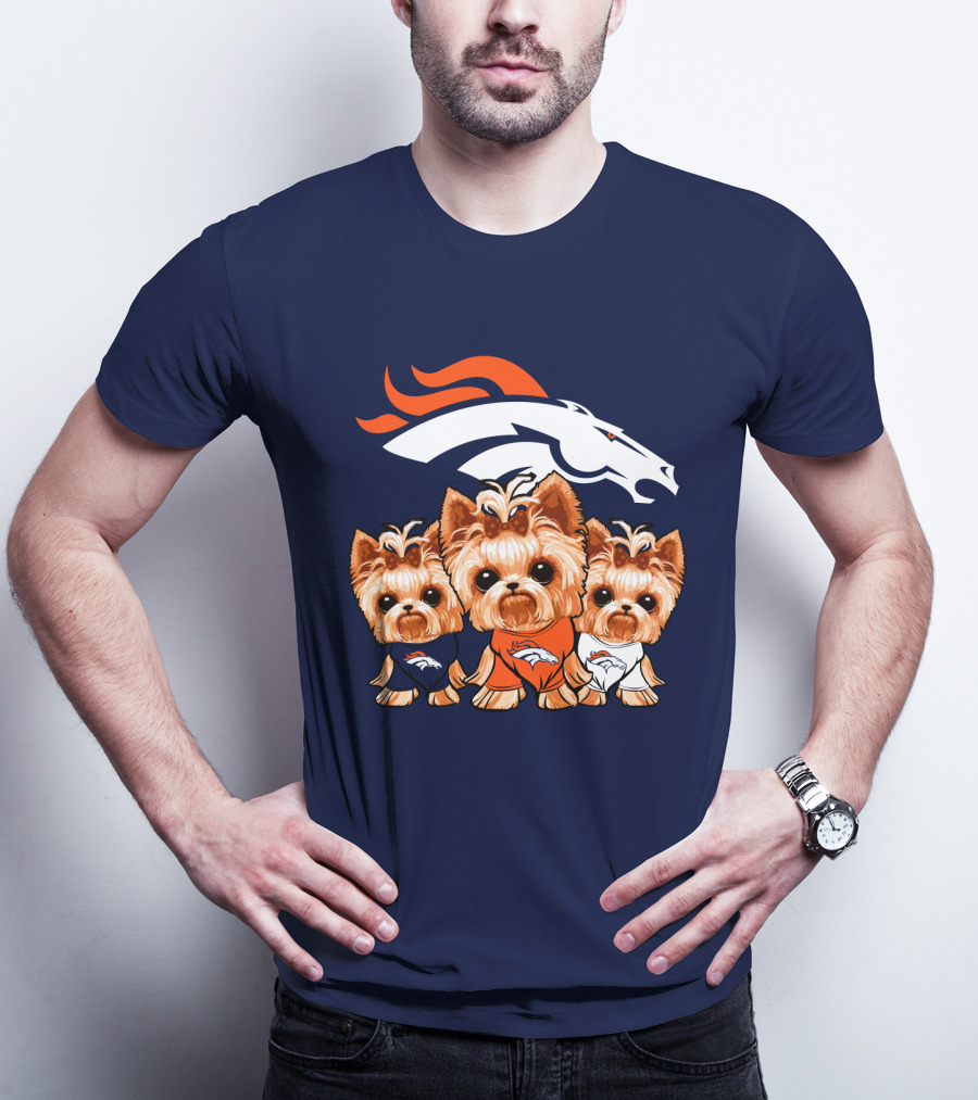 Denver Broncos Yorkies With Team Logo And Three Adorable Dogs In Jerseys T-Shirt