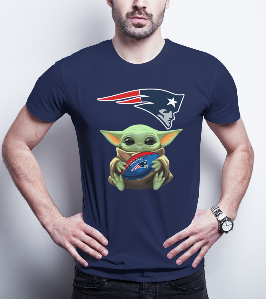 Baby Yoda Holding New England Patriots Football Under Patriots T-Shirt
