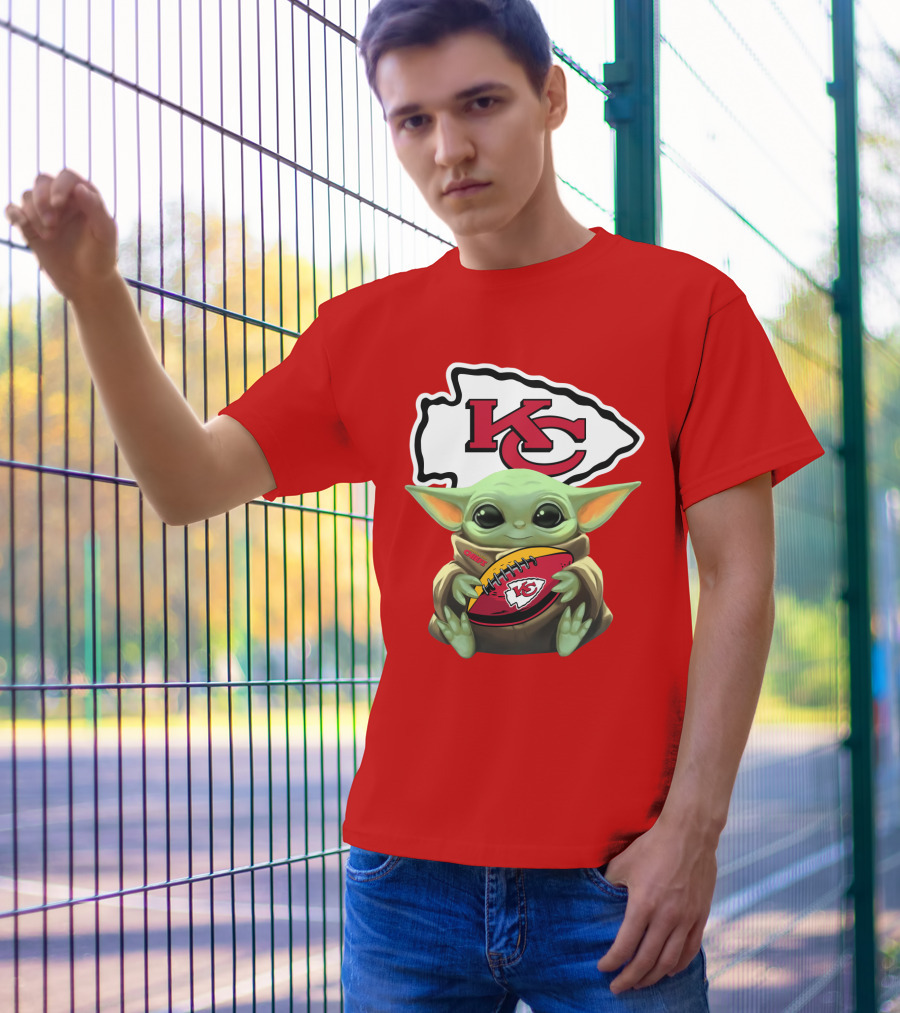 Babyyoda Holding Kansas City Chiefs Football T-Shirt