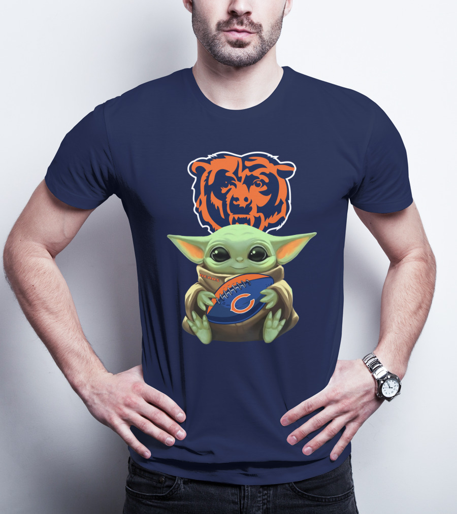 Baby Yoda Holding Chicago Bears Football With Team T-Shirt