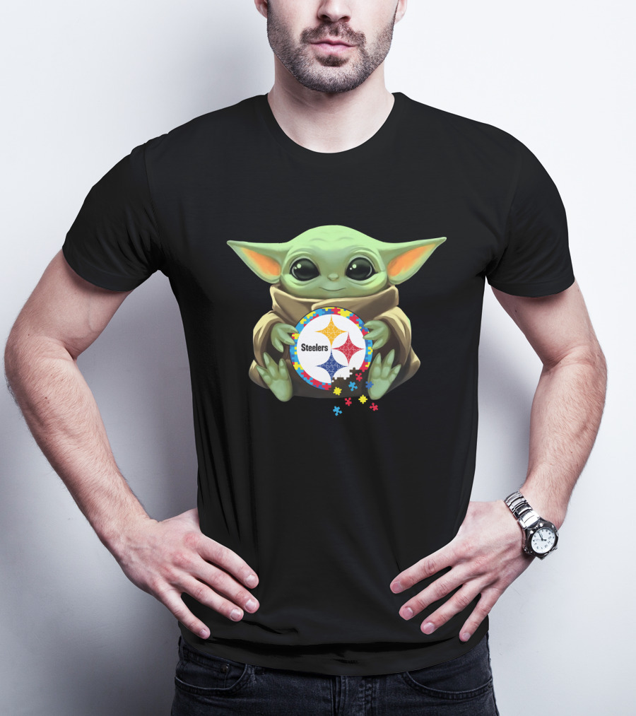 Baby Yoda Holding Steelers Autism Puzzle T-Shirt