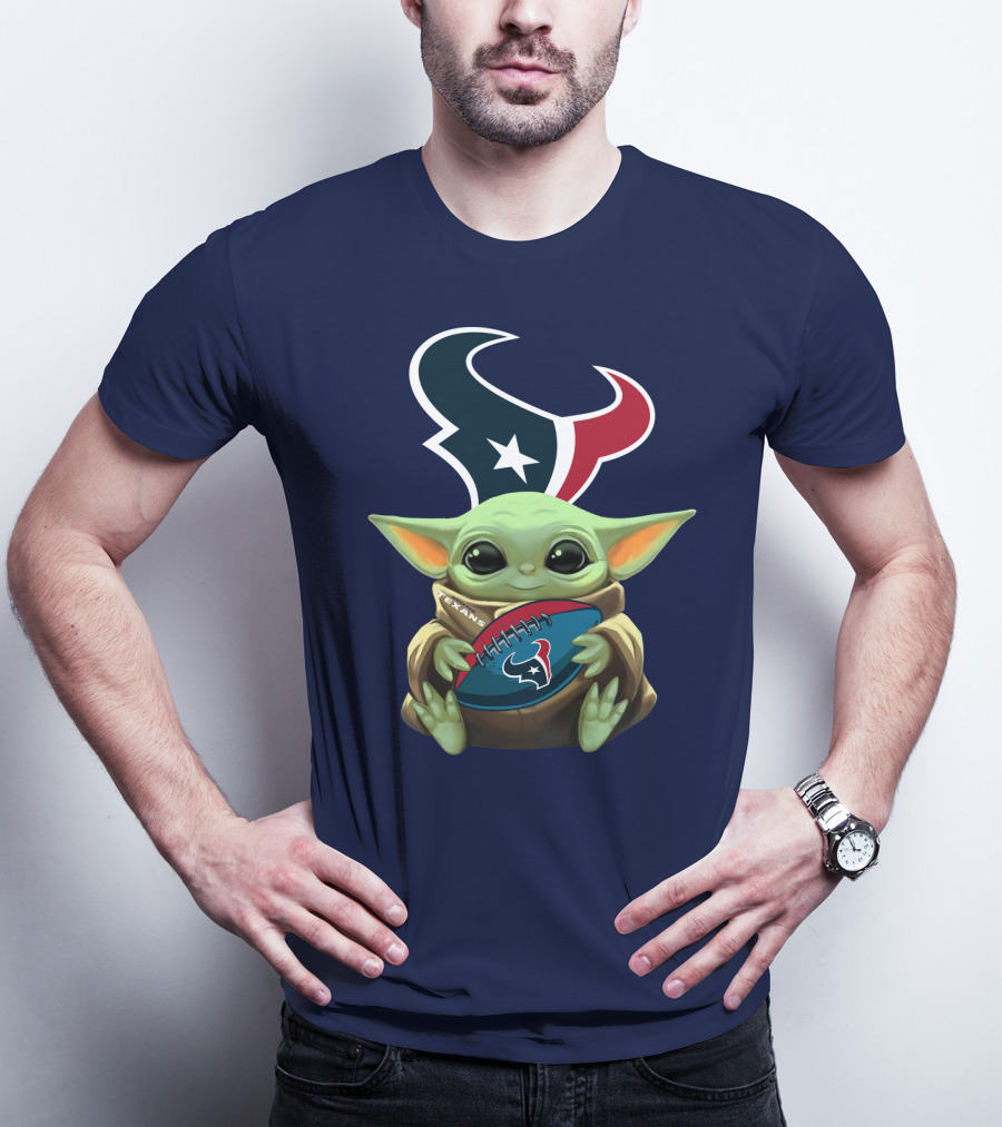 Baby Yoda Holding Houston Texans Football T-Shirt