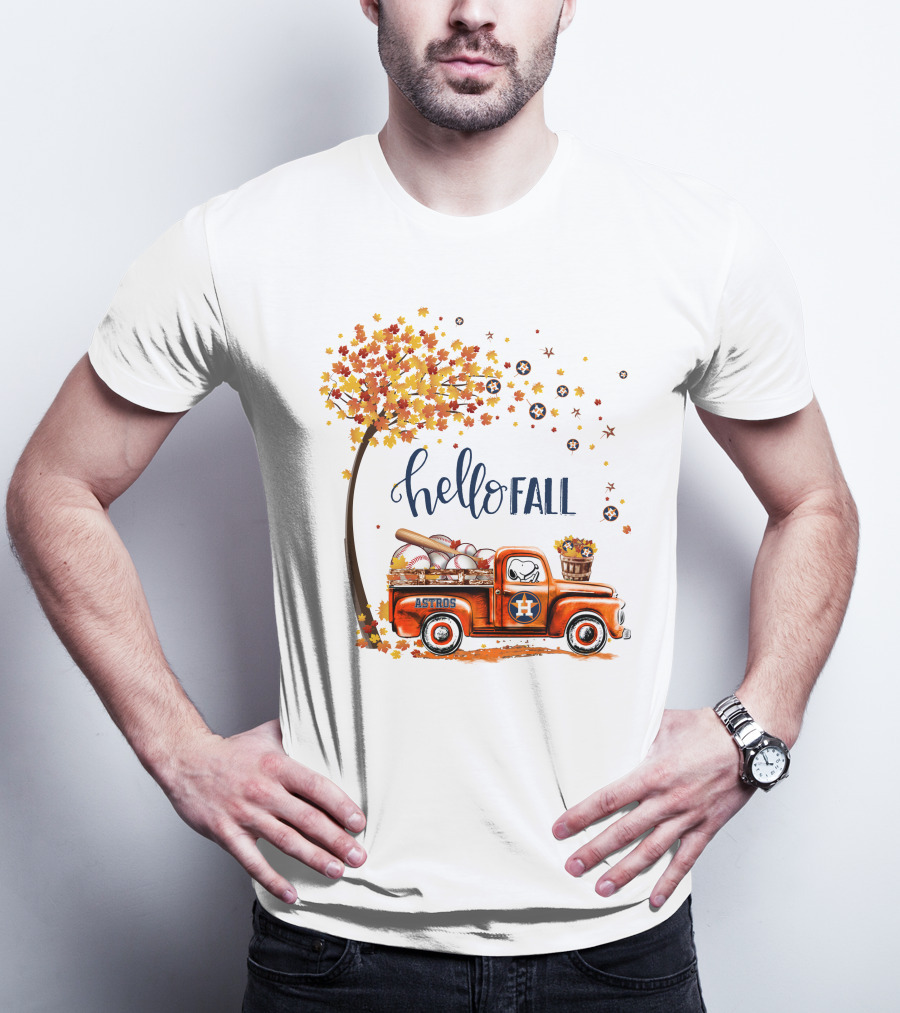 Hello Fall Astros Truck With Baseballs And Autumn Leaves T-Shirt