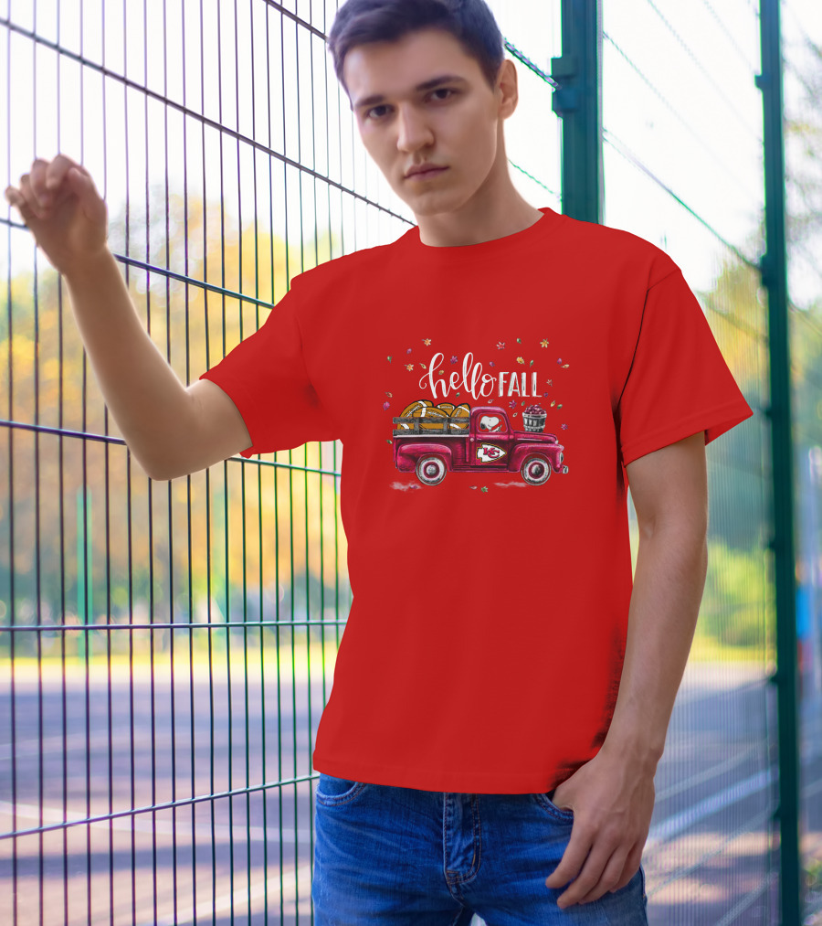 Hello Fall Kansas City Chiefs Truck With Autumn Leaves T-Shirt