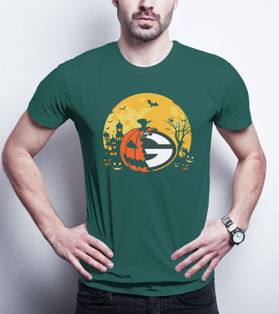 Halloween Green Bay Packers Pumpkin Moon Night Scene T-Shirt