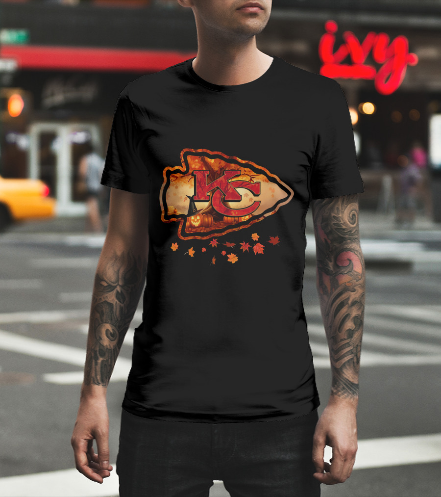 Kc Autumn Pumpkin Witch Hat Leaf Cascade T-Shirt