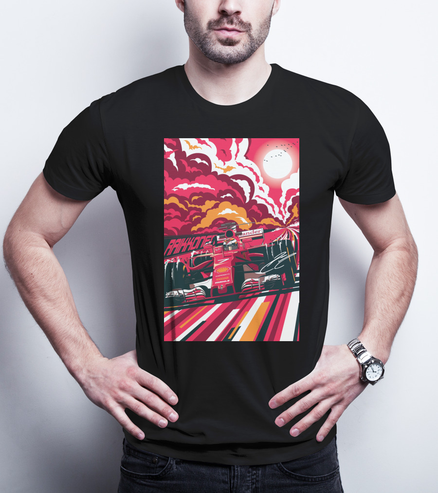 Raikkonen Formula 1 Racing Ferrari F1 Car Sunset Scene T-Shirt