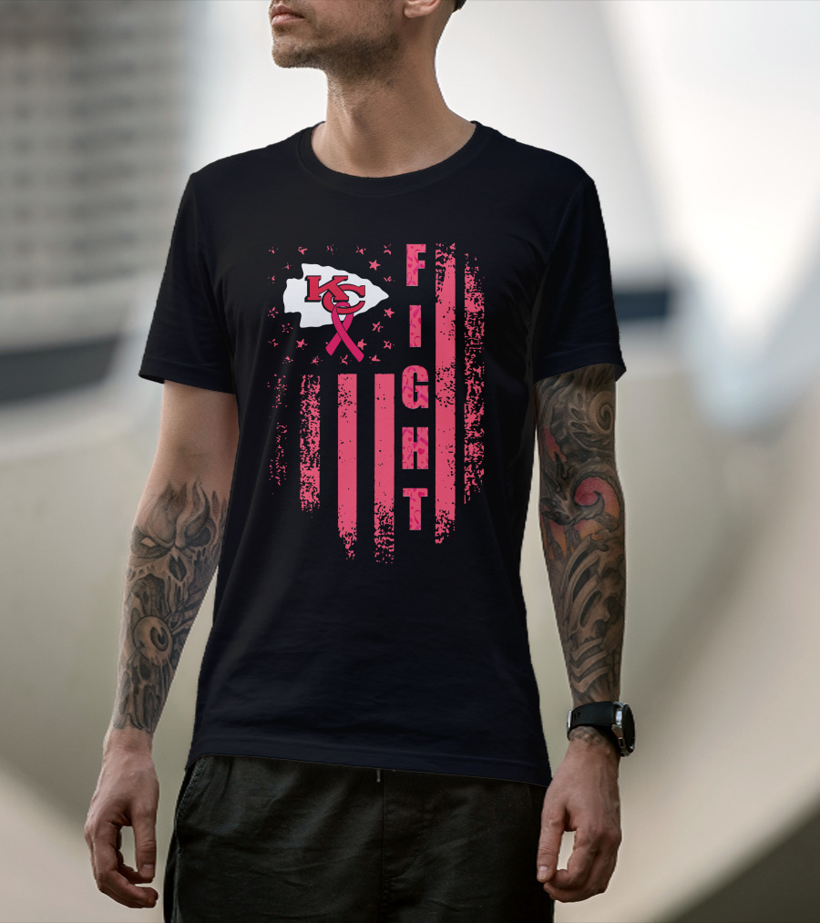 Fight Kc Chiefs Pink Ribbon American Flag T-Shirt