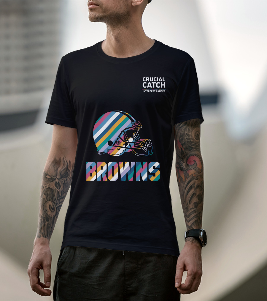 Browns Crucial Catch Intercept Cancer Helmet Stripes T-Shirt