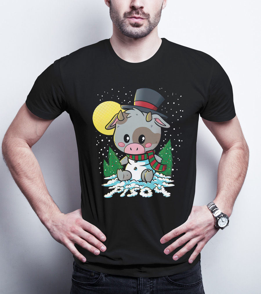 Piso4 Cute Cow In Snow With Top Hat And Scarf Winter Scene T-Shirt