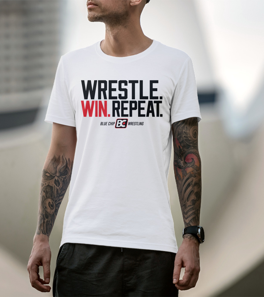 Wrestle Win Repeat Blue Chip BC Wrestling T-Shirt