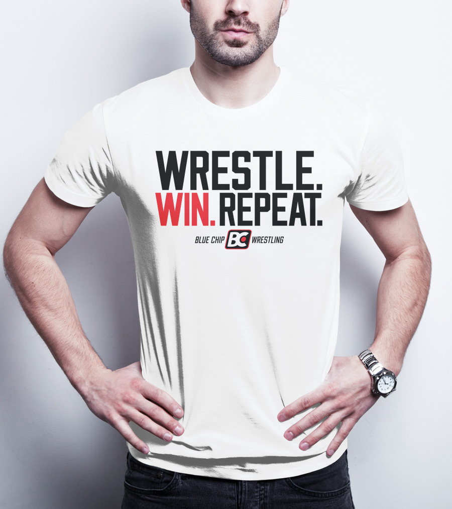 Wrestle Win Repeat Blue Chip BC Wrestling T-Shirt