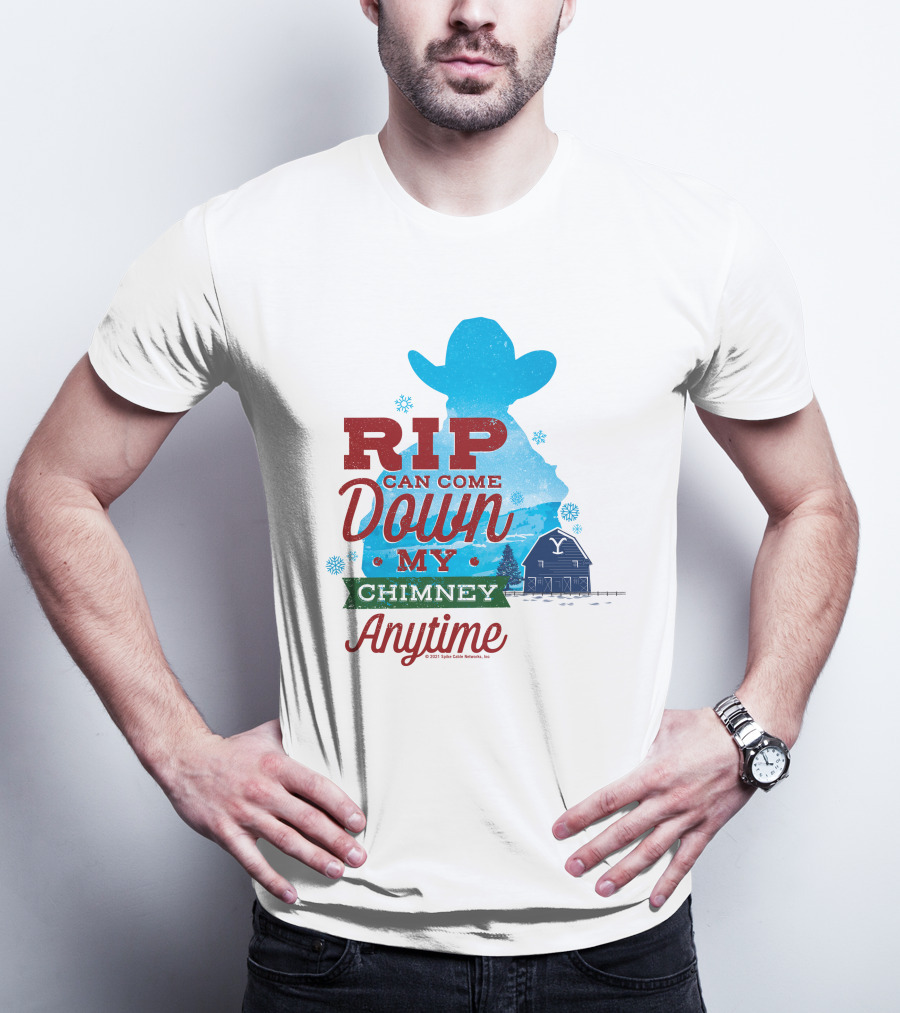 Rip Can Come Down My Chimney Anytime Blue Cowboy Silhouette Snowflakes Barn T-Shirt